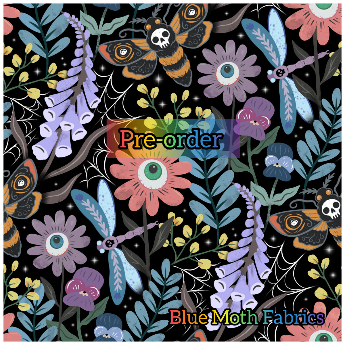 PRE-ORDER. Bright Spooky Flowers fabric. By METER – BlueMothFabrics