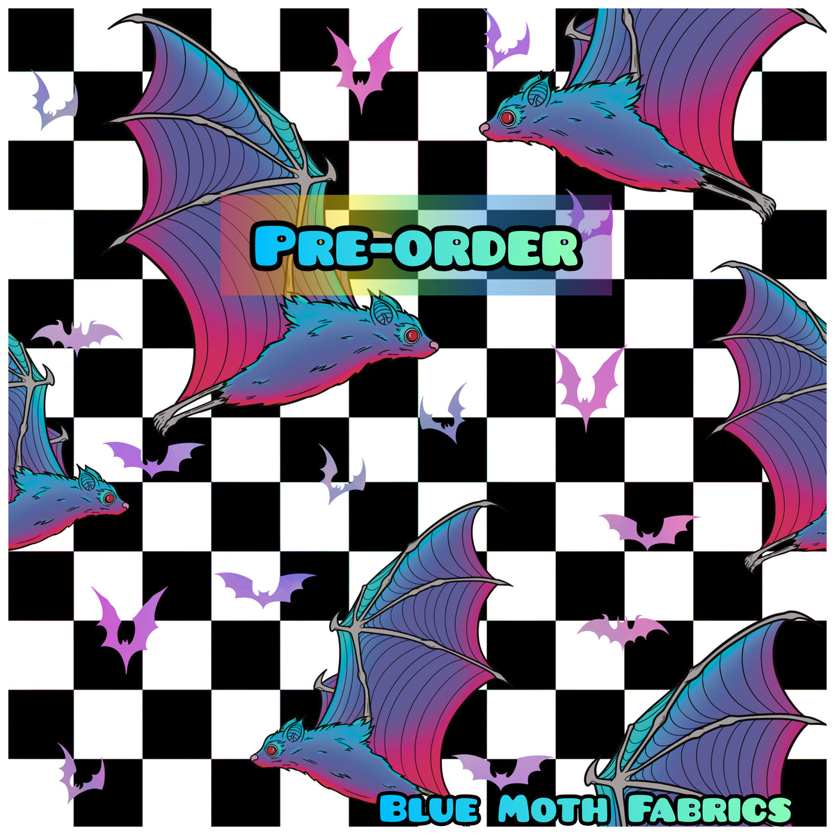 PRE-ORDER. Bats checkerboard fabric. By METER | BlueMothFabrics