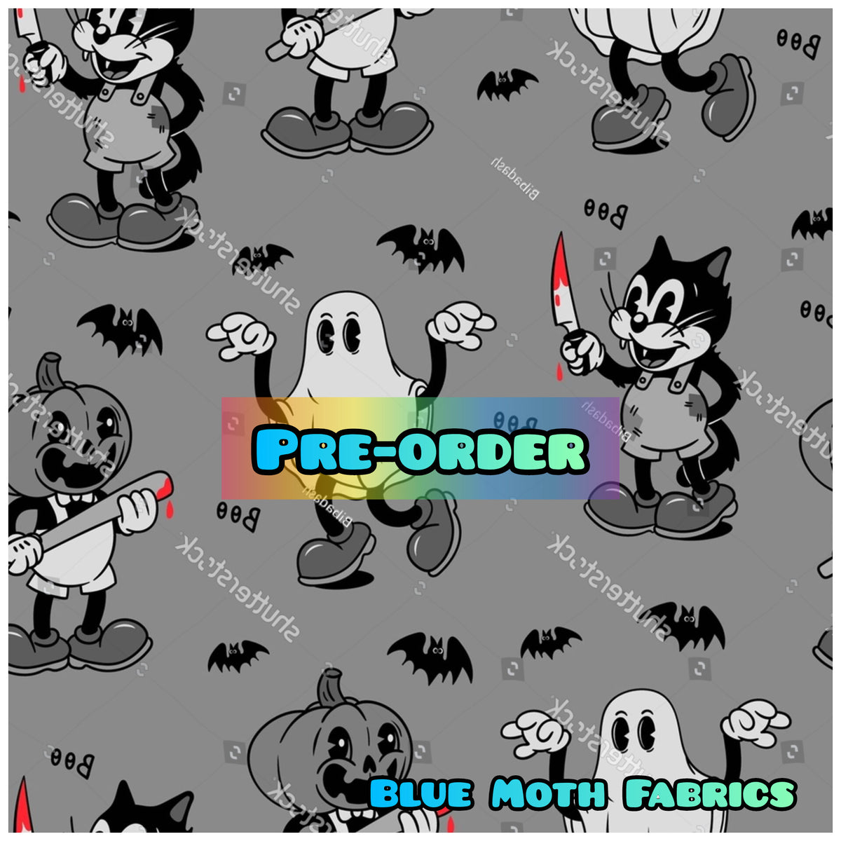 PRE-ORDER. Retro spooky characters grey fabric. By METER | BlueMothFabrics