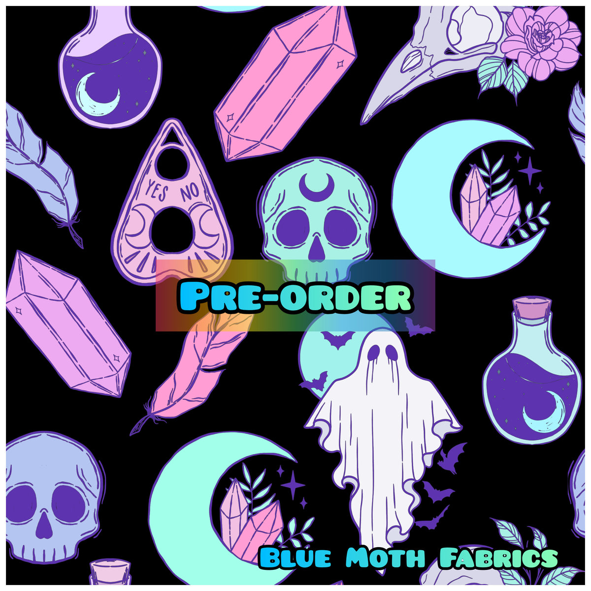 PRE-ORDER. Spooky Occult black pastel fabric. By METER | BlueMothFabrics