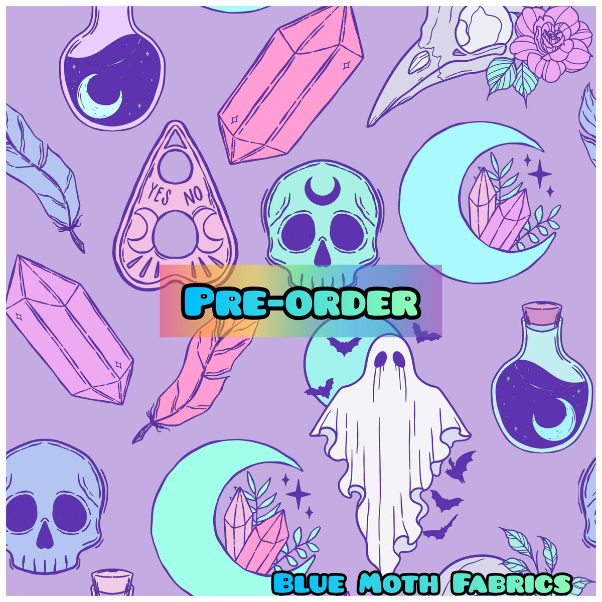 PRE-ORDER. Spooky Occult lilac fabric. By METER | BlueMothFabrics